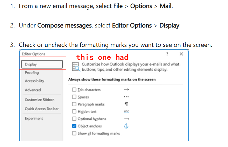 Under Compose messages, Editor Options, there did not have Display in ...