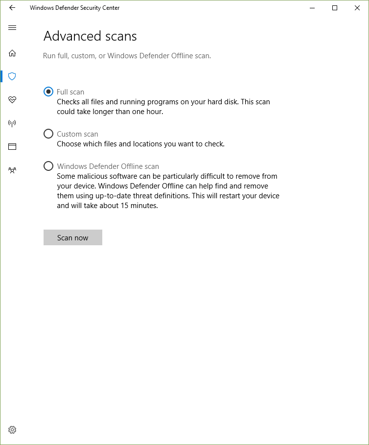Windows Defender Security Center Manual Scanning Controls (Application ...