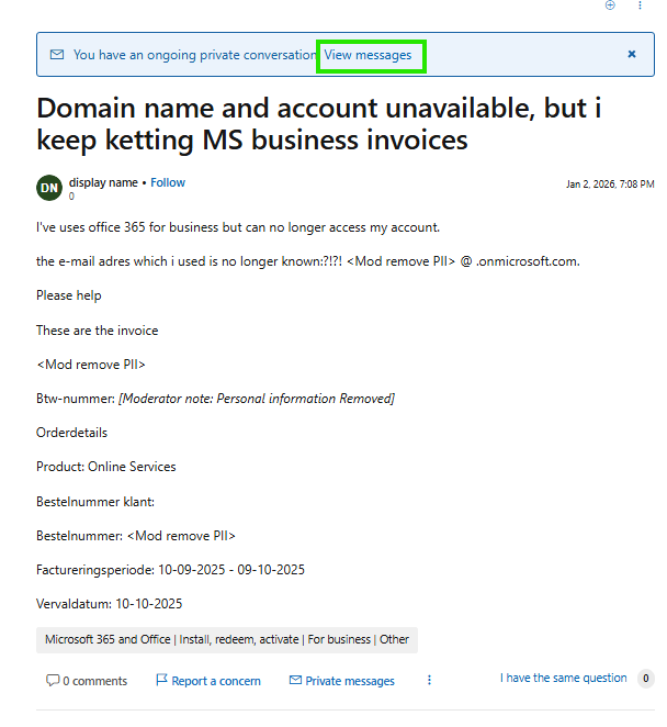 Domain name and account unavailable, but i keep ketting MS business ...