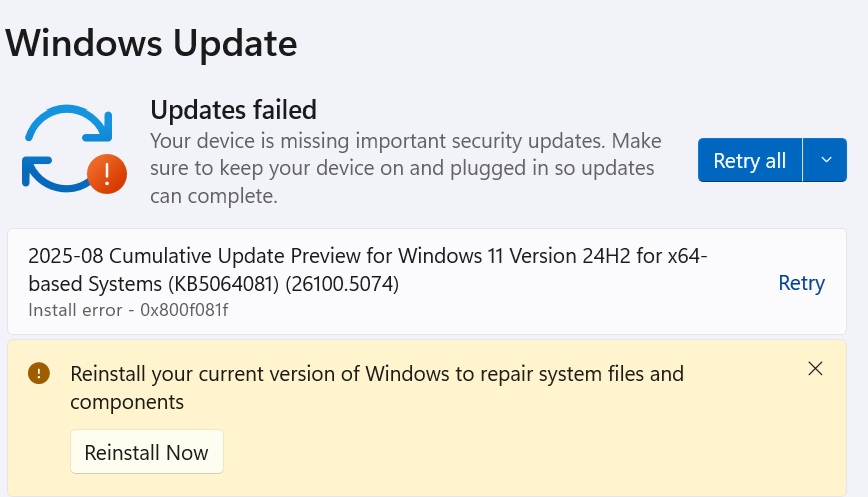 I cannot install Windows 11 Version 24H2 UPDATE for x64-based Systems (KB5064081) - Microsoft Q&A
