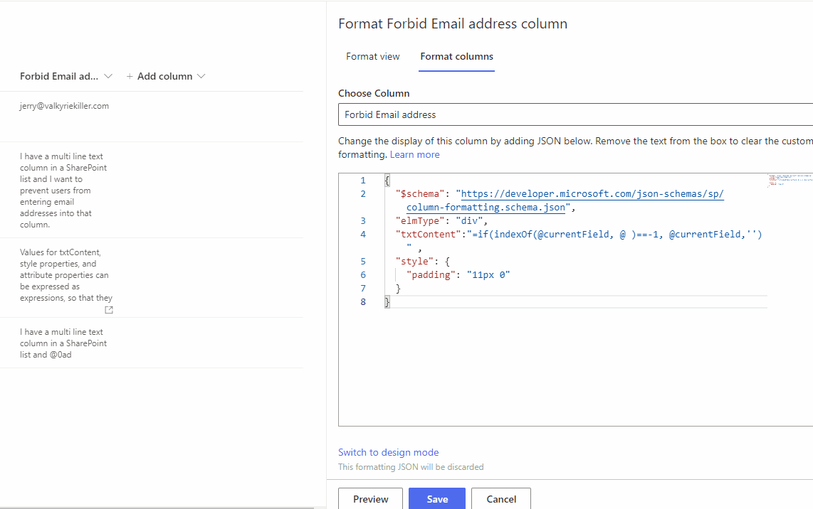 How do I use column formatting to prevent the entry of '@' character in ...