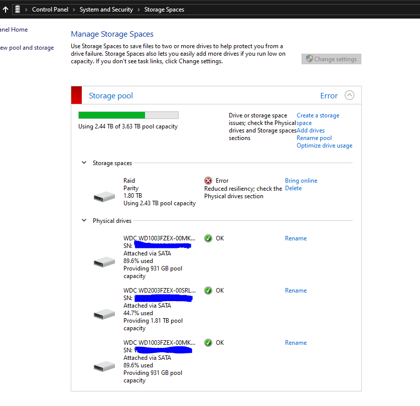 Parity Raid Error but all Physical drives are OK - Microsoft Q&A