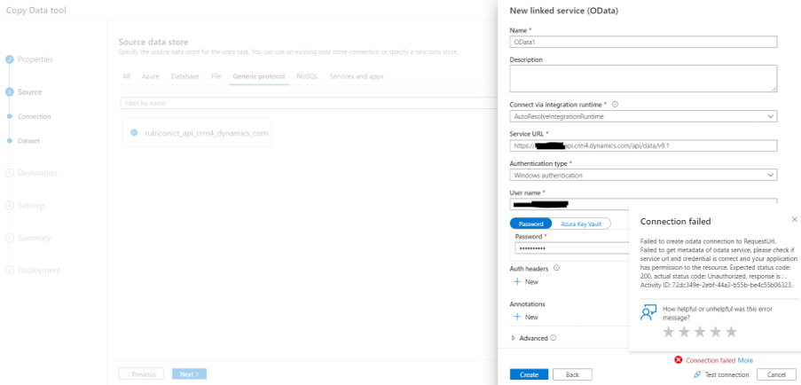 Unauthorized using Windows Authentication O Data source (Dynamics CRM API) in Azure Data Factory ...