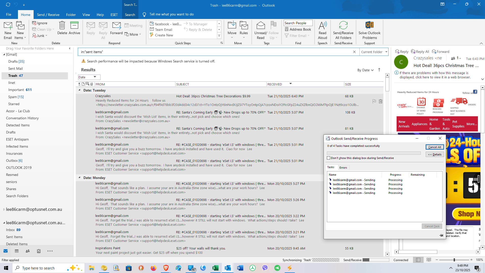 How do I restore ONLY the outlook items in the trash that WERE in sent ...