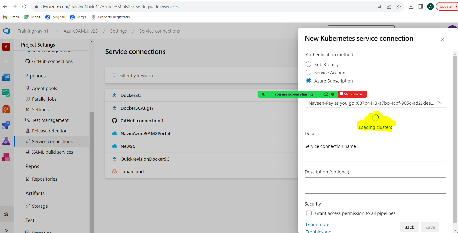 Unable to create Kubernetes Service connection-Getting loading cluster ... Unable to create Kubernetes Service connection-Getting loading cluster ...