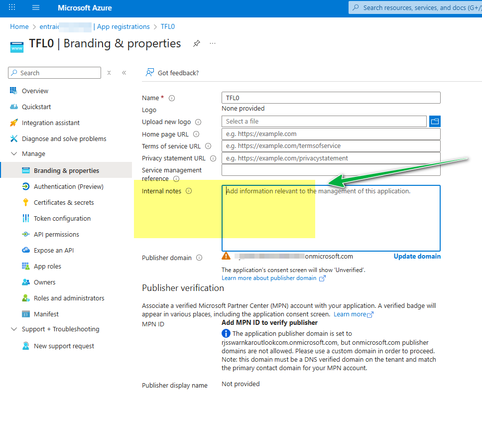 How to Update the Internal Notes section in EntraID App Registartion ...