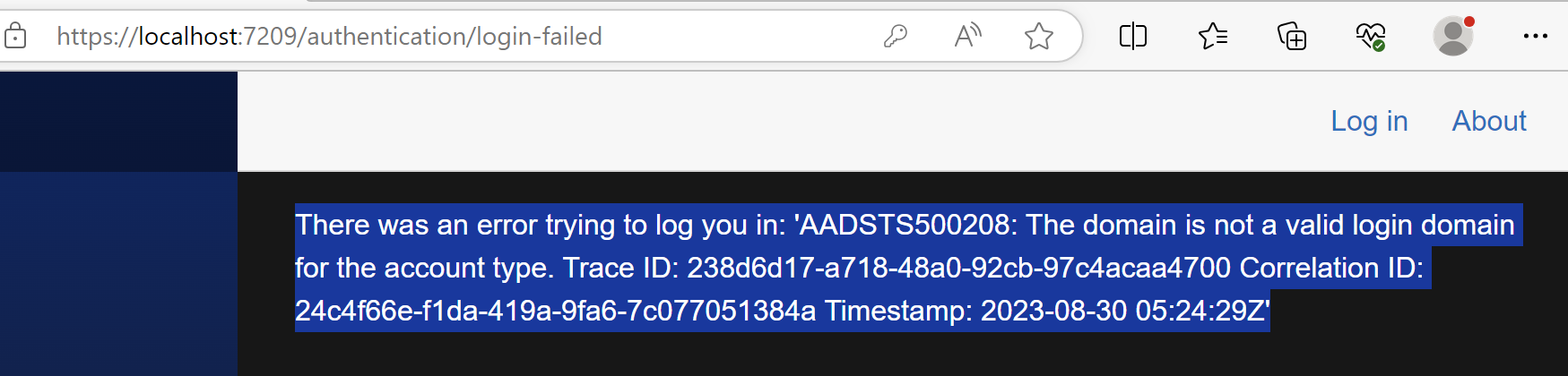 AADSTS500208: The domain is not a valid login domain for the account ...