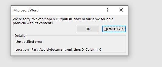 Using open xml sdk, trying to create a word processing document but it is not opening with ...