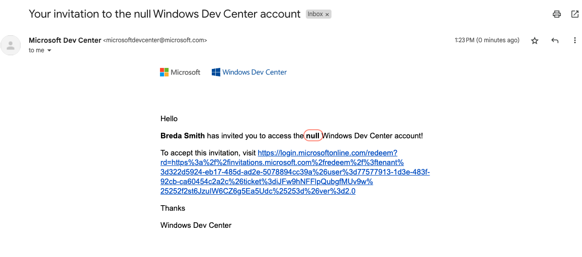 Company name displaying as "null" in invitations to Windows Dev in Partner Center - Microsoft Q&A
