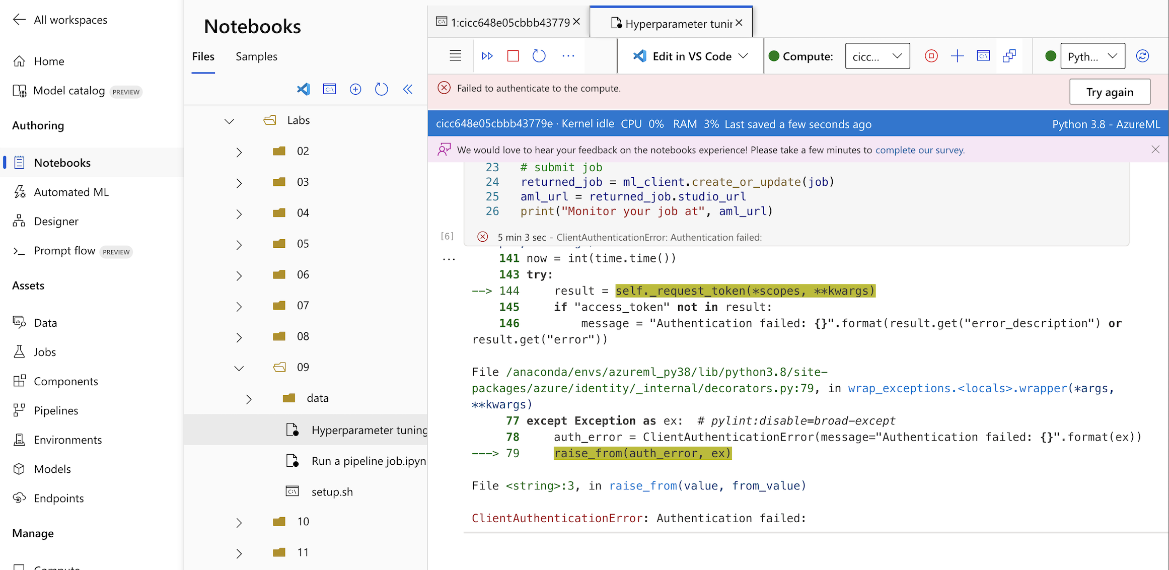 Authentication failure when in Notebooks, in ML Studio completing exercises - Microsoft Q&A