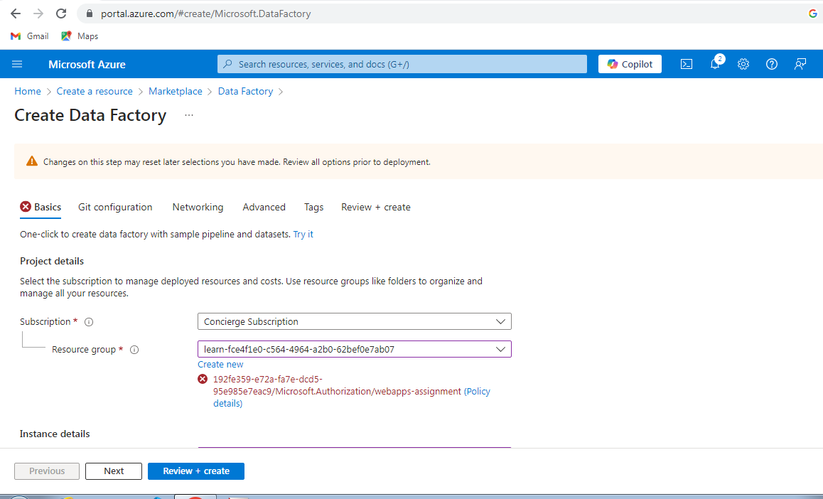 Issue while creating Azur Data Factory - Microsoft Q&A