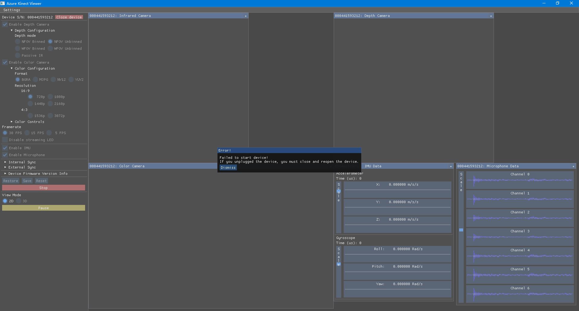 Azure Kinect Viewer Failed To Start Device If You Unplugged The Device You Must Close And