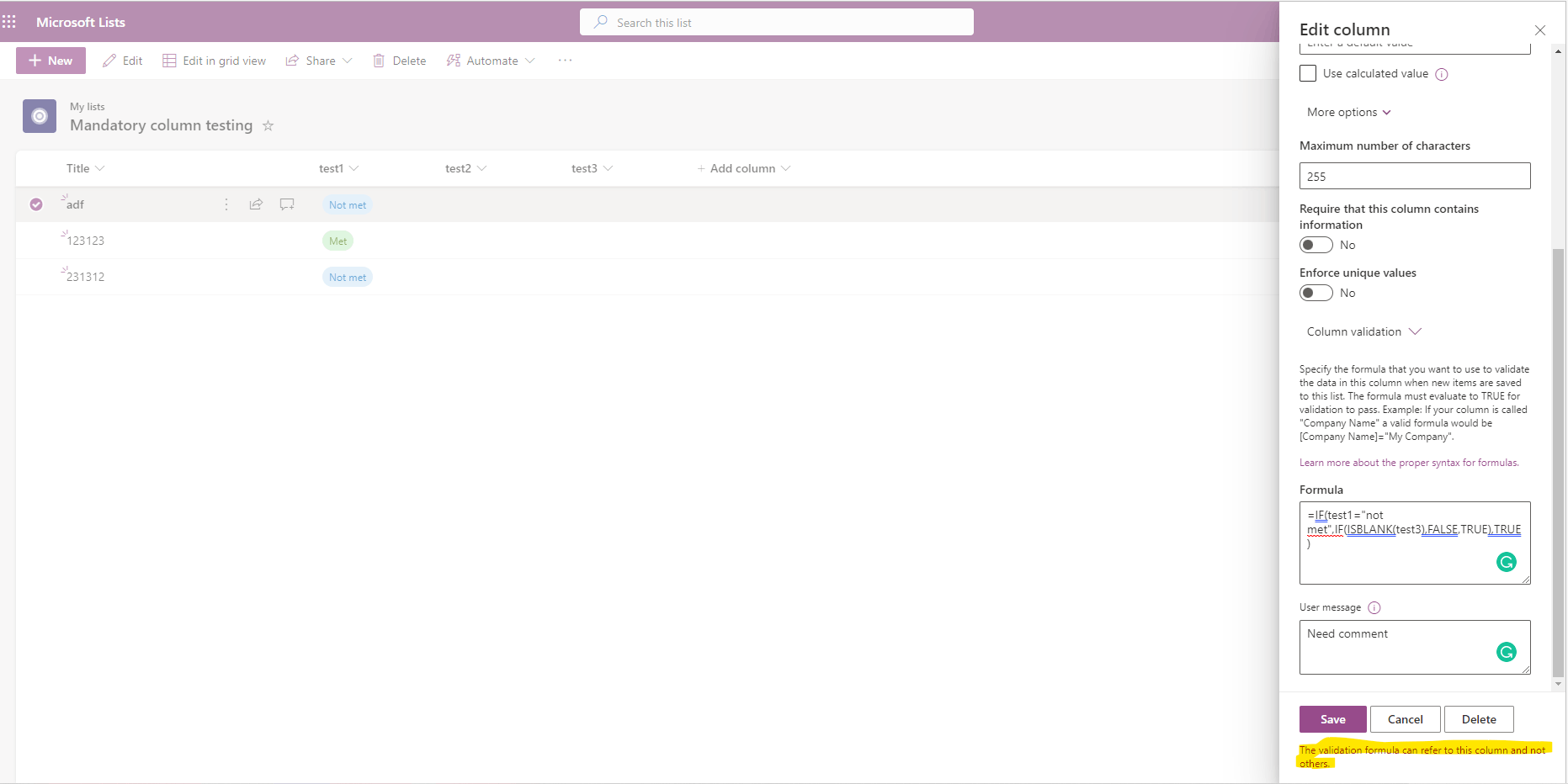 Making a column mandatory in Microsoft List based on value in another ...