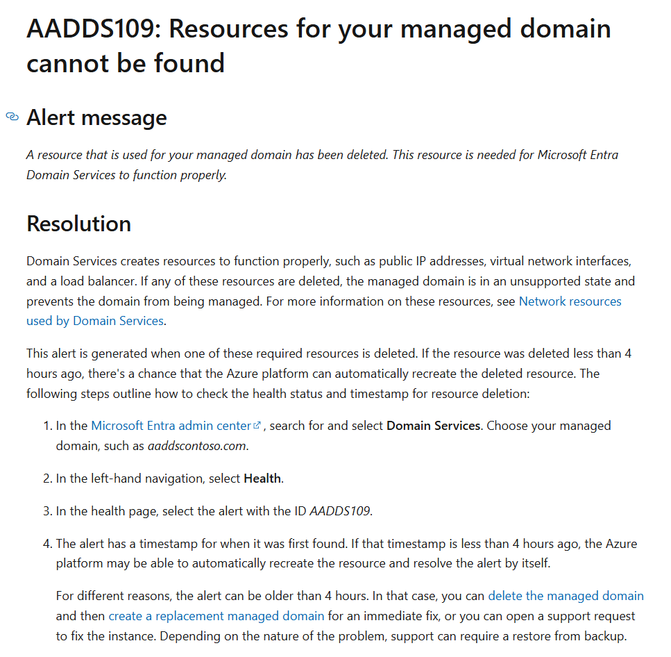 Why are we receiving the “AADDS109: Resources for your managed domain ...