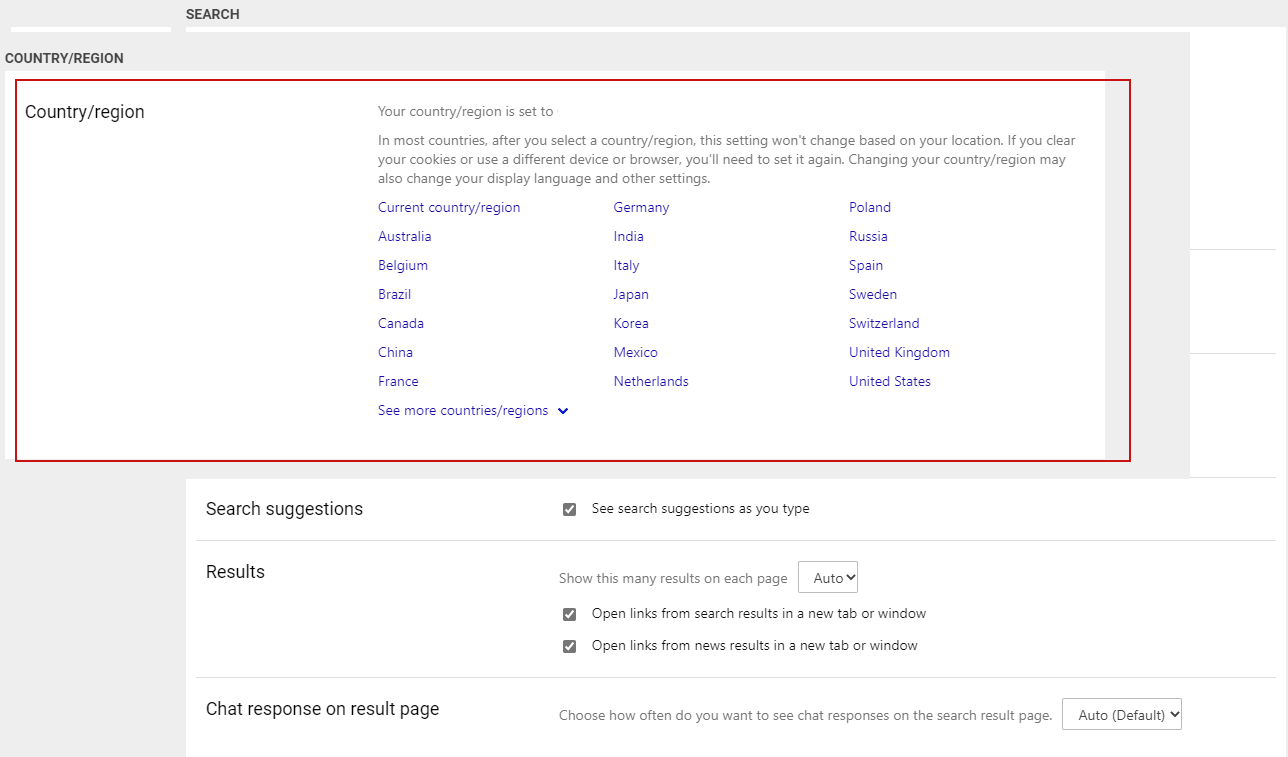 Why is MS Bing, not changing my region back to my country (I.E ...