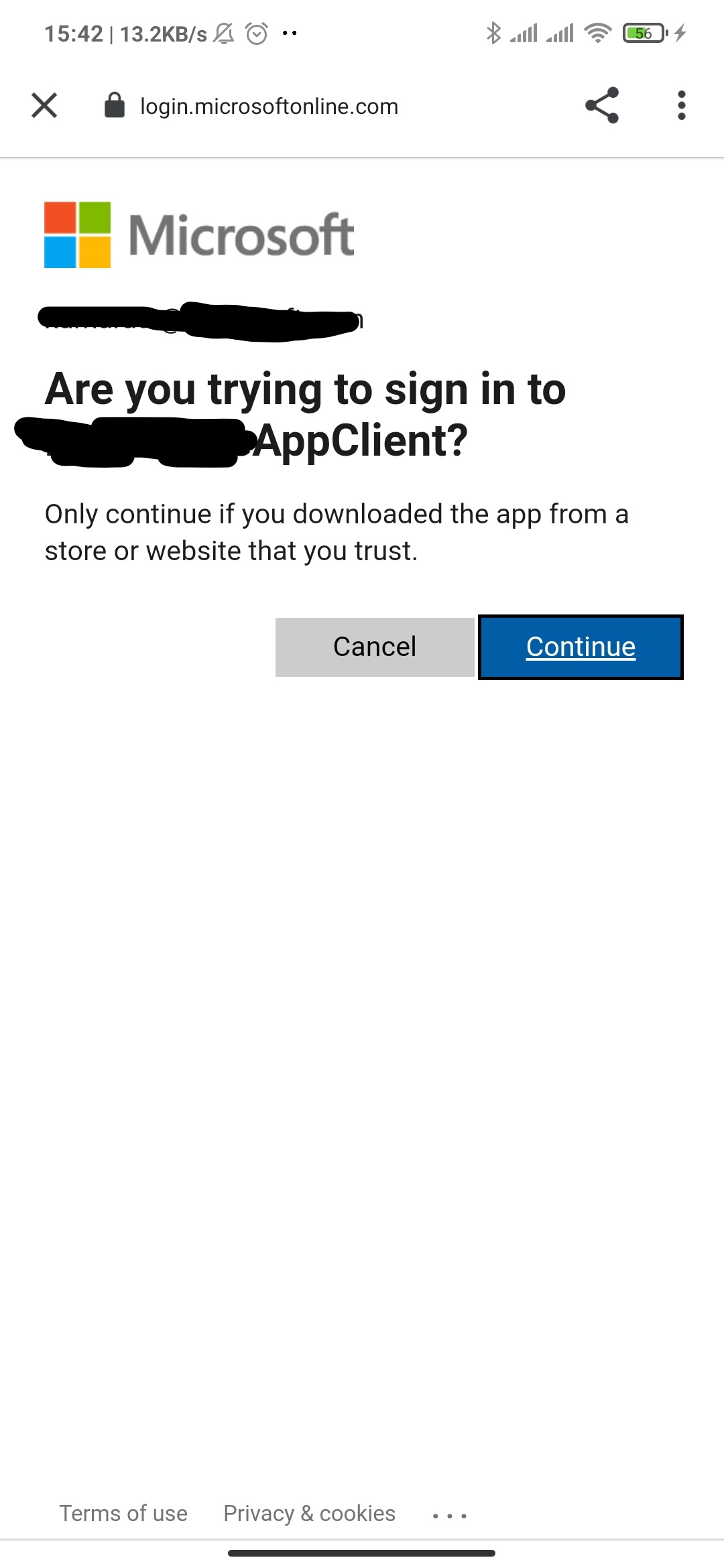 Stuck on the window saying "Are you trying to sign in to ***appclient" after moving from adal to ...