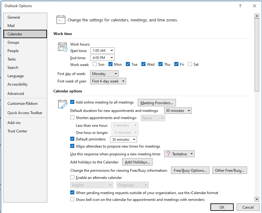 working times in Outlook desktop calendar don't reflect working times set in O365 owa ...