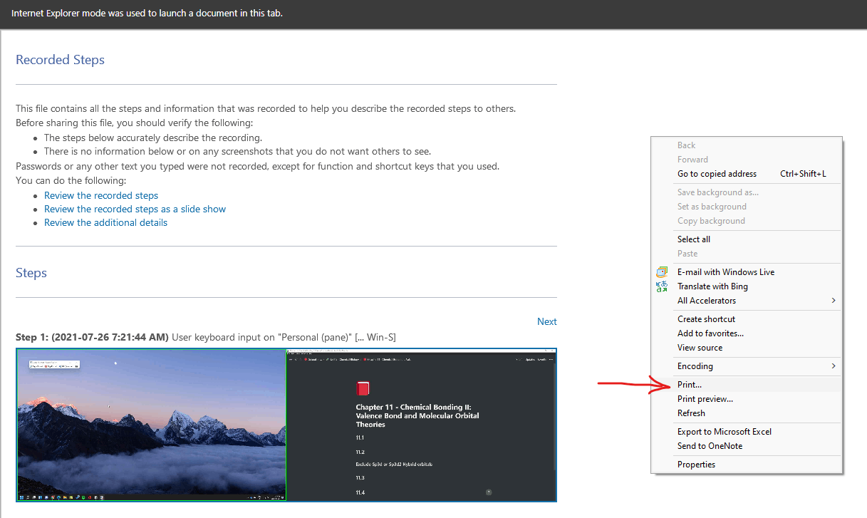 Steps Recorder .mht file has no styling or images; blocked script execution - Microsoft Q&A