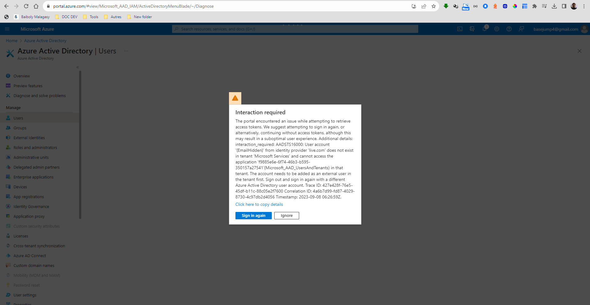 Portal azure, active directory error with gmail account owner ... Portal azure, active directory error with gmail account owner ...