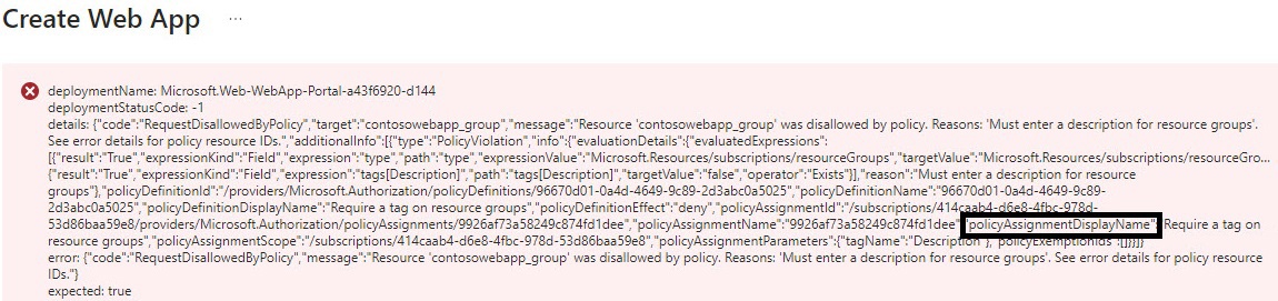 Resource was disallowed by policy. Reasons: 'Must enter a description ...