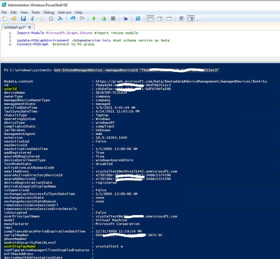 Need To Get Intune Devices Enrolledby Users Id Via Powershell With