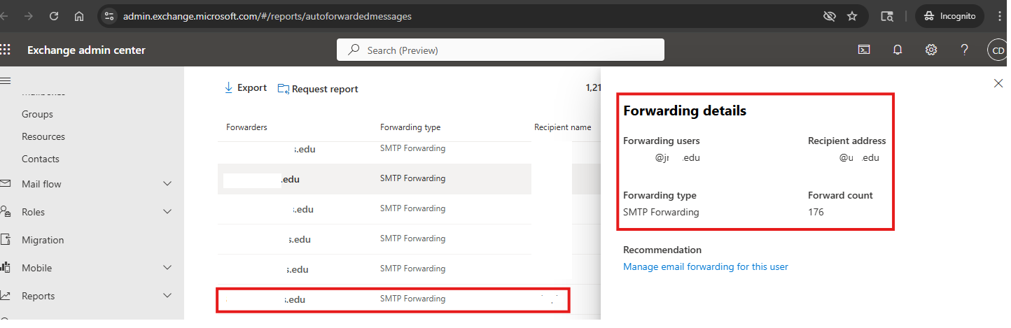 Does the email forwarding configured for this tenant (J *** S) require ...