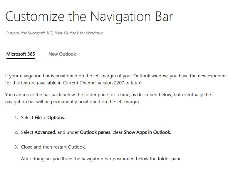 How to remove left side bar from Outlook 365 - Microsoft Q&A