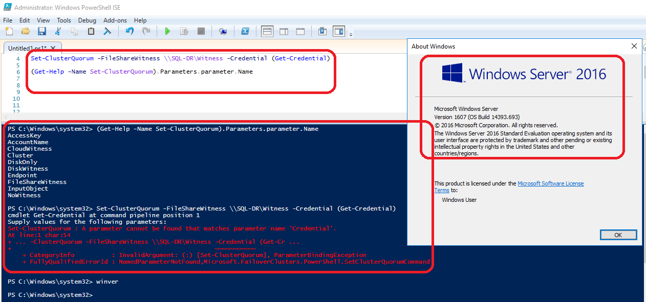 Set-ClusterQuorum: A parameter cannot be found that matches parameter name 'Credential ...