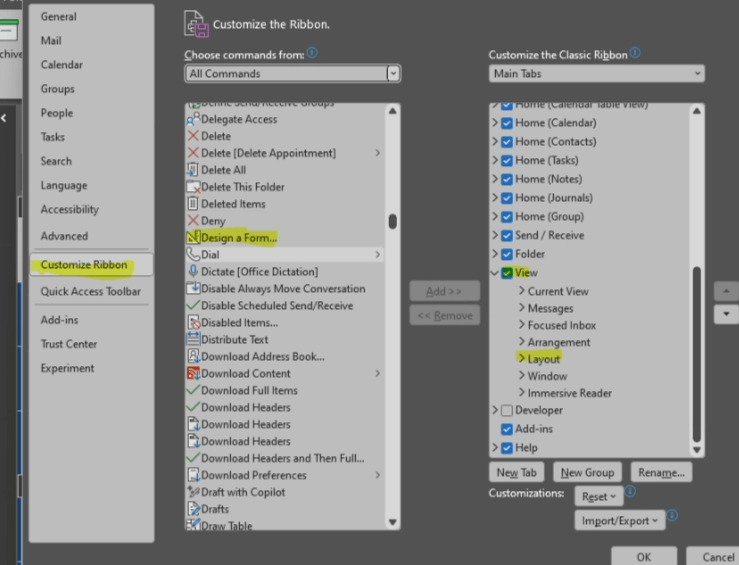 I can't find review, design, layout or reference tabs in outlook mail ...