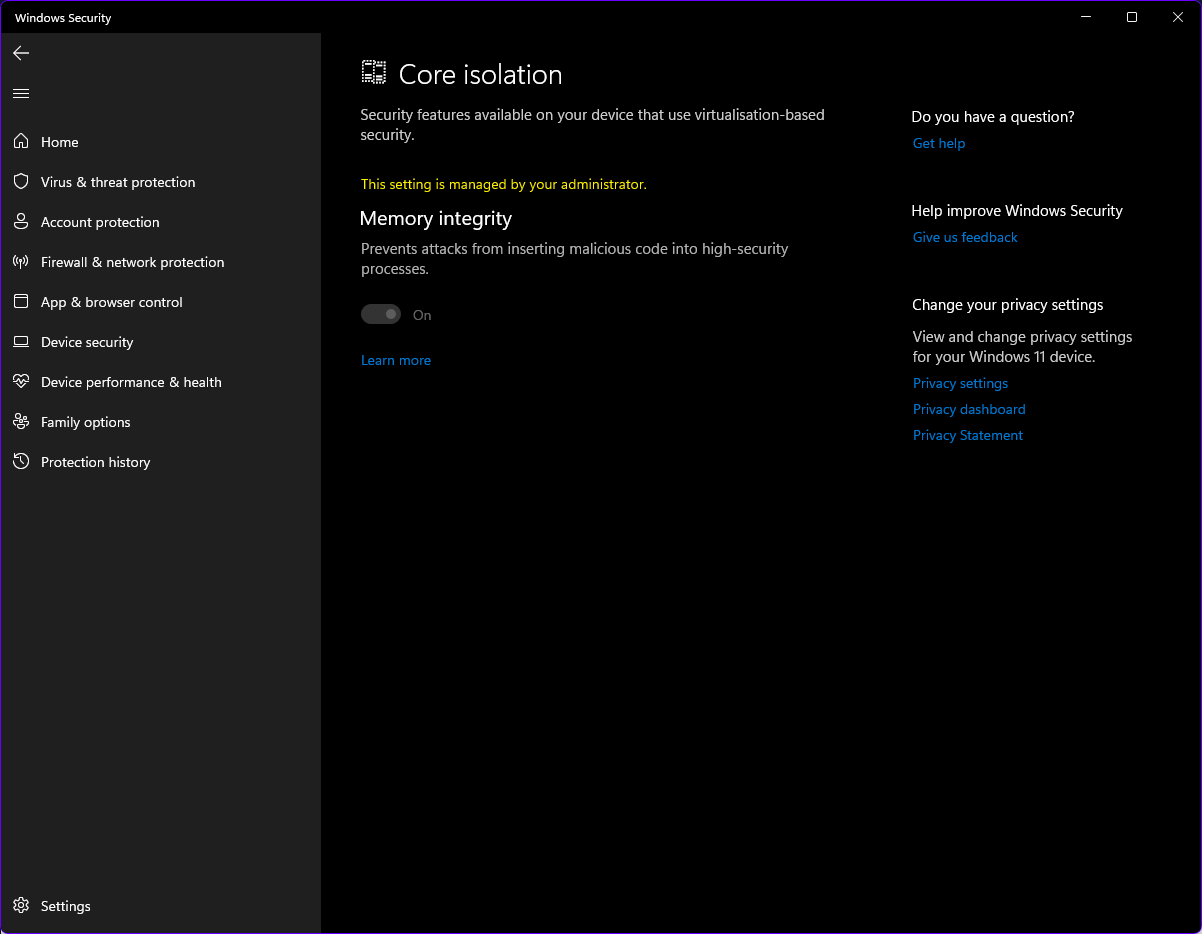 Cannot Turn Off Core Isolation - Microsoft Q&A