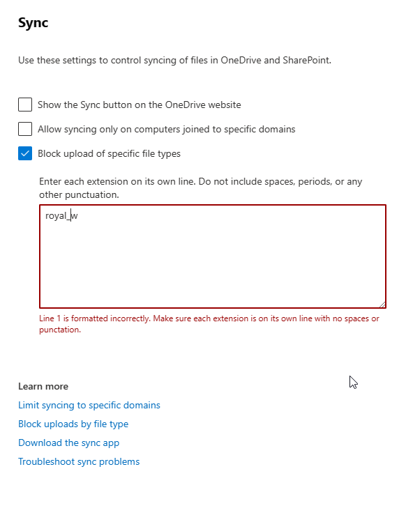 Set-SPOTenantSyncClientRestriction: Each extension can only contain ...