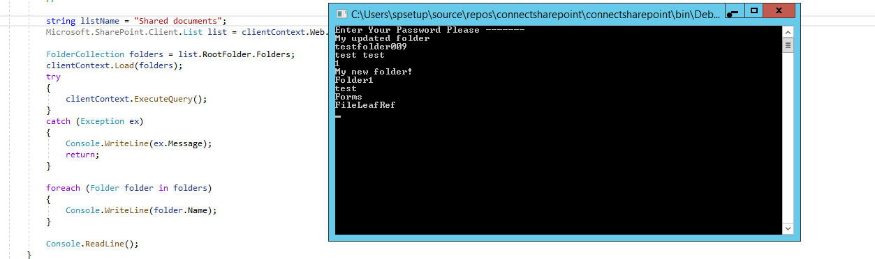 Not able to retrieve Sharepoint folders/files list from C# app ... Not able to retrieve Sharepoint folders/files list from C# app ...