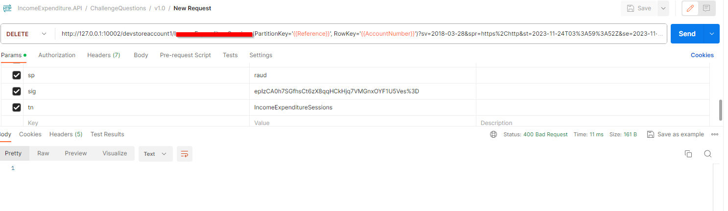 Delete entity in azure storage emulator return 400 Bad Request - Microsoft Q&A