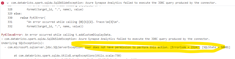 Azure Data Bricks - User Doesn't have permission to perform this action while connecting to ...