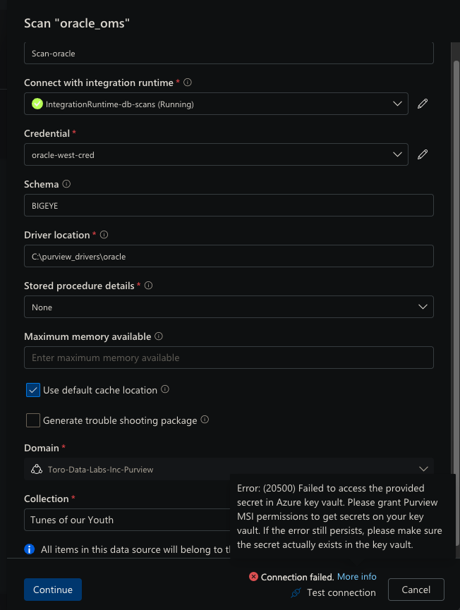 What role assignments does Purview need to read a secret in Azure key ...