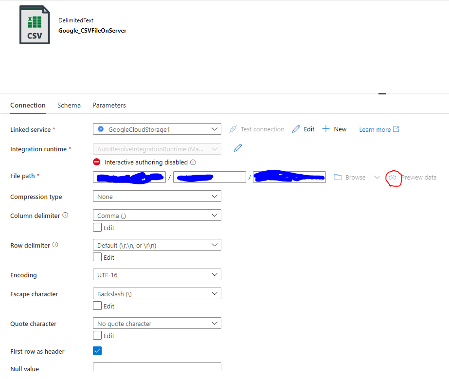 Azure Data Factory Copy activity can preview CSV data source, but ...