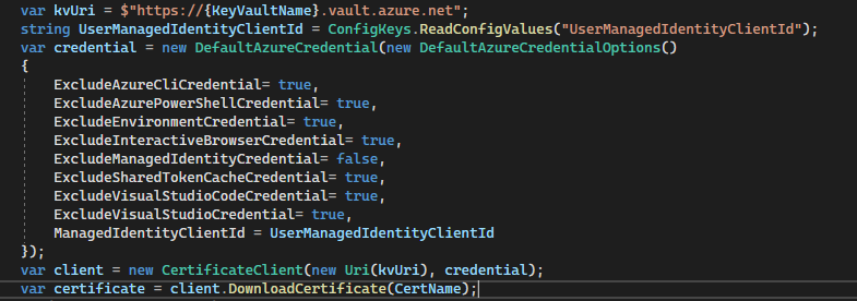 Unable to download certificate from the azure key vault with user managed identity using C# ...
