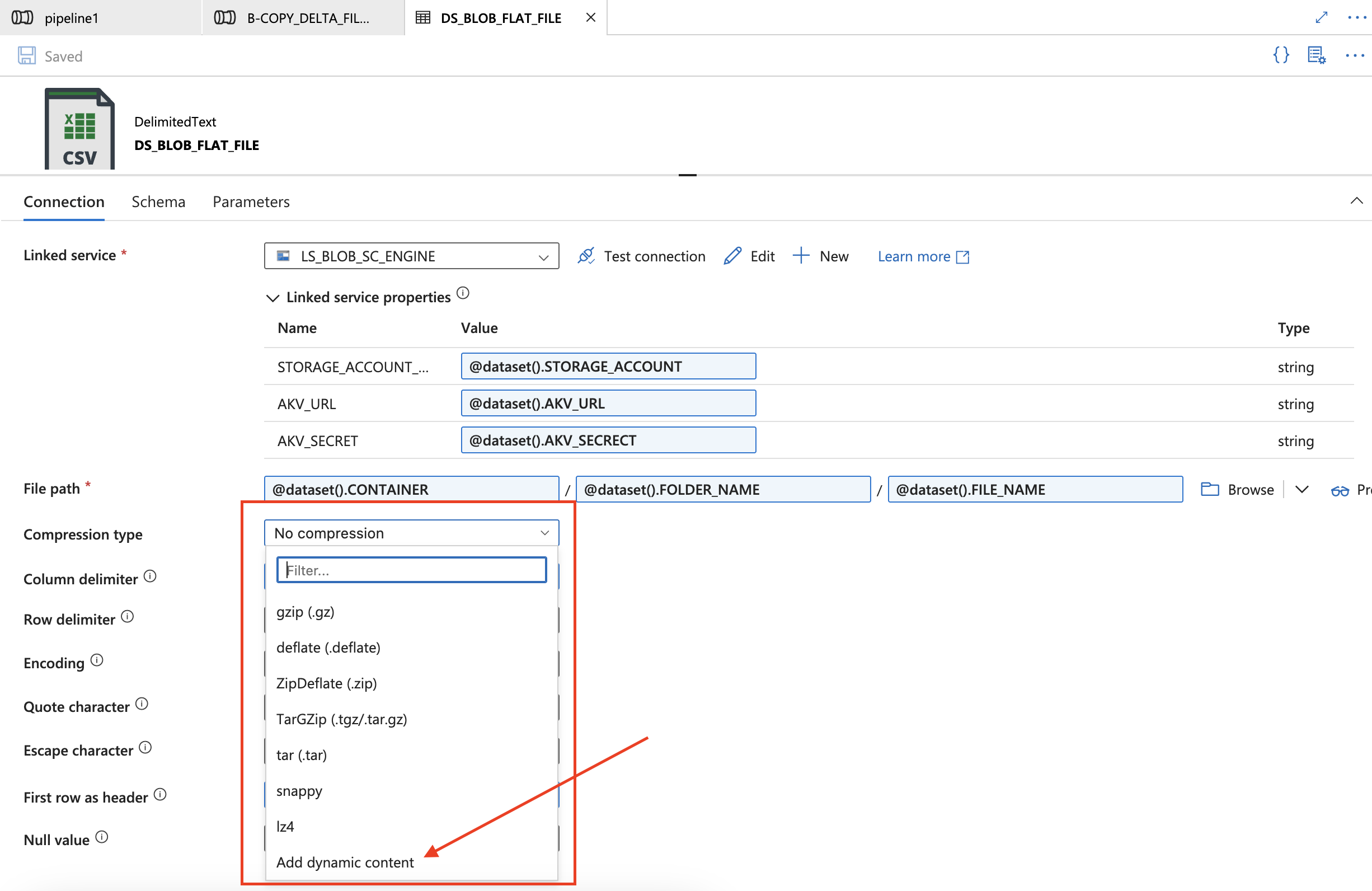 How to use Dynamic add content in Compression type in copy activity - Microsoft Q&A