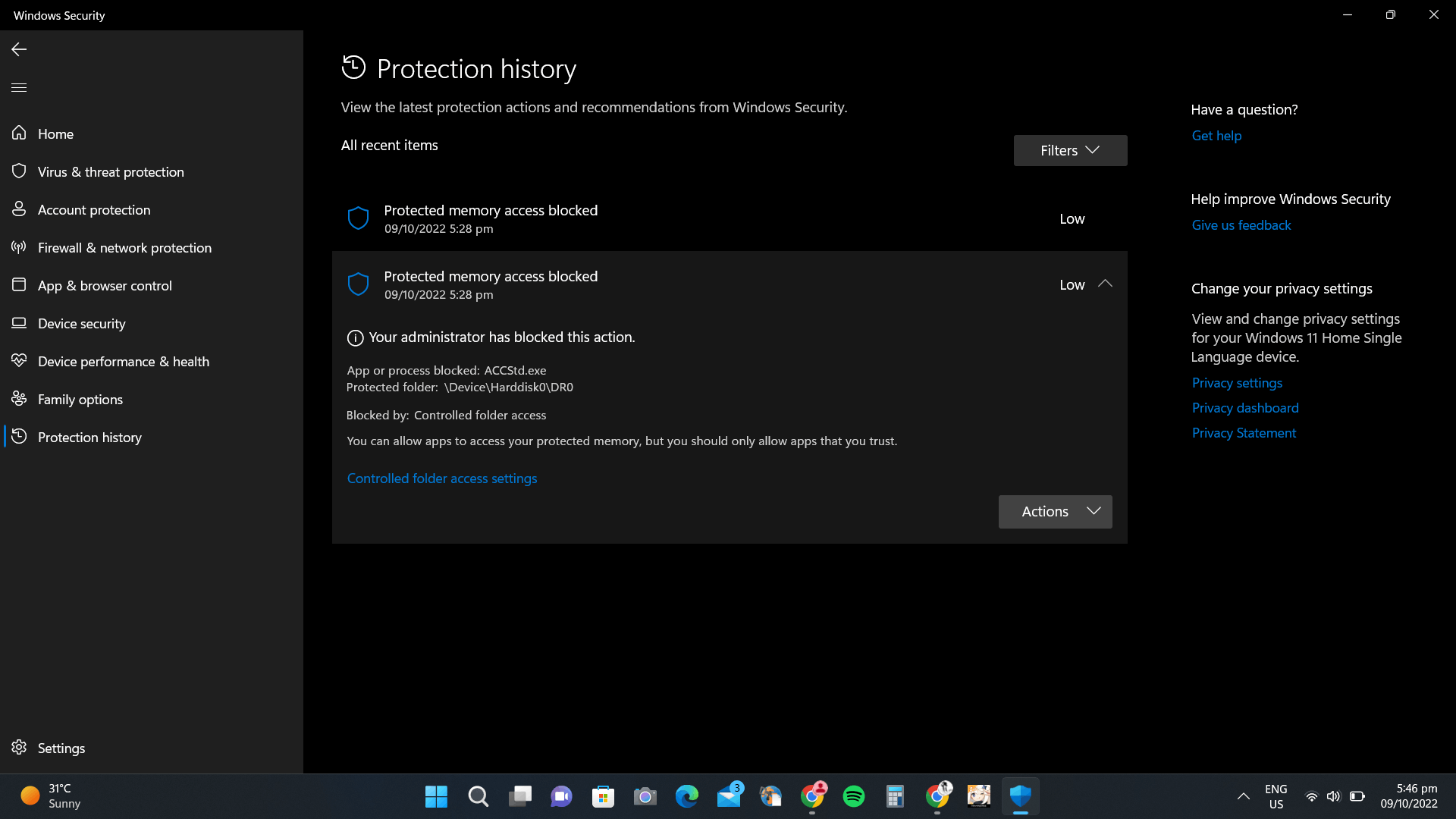 Protected Memory Access blocked - Microsoft Q&A