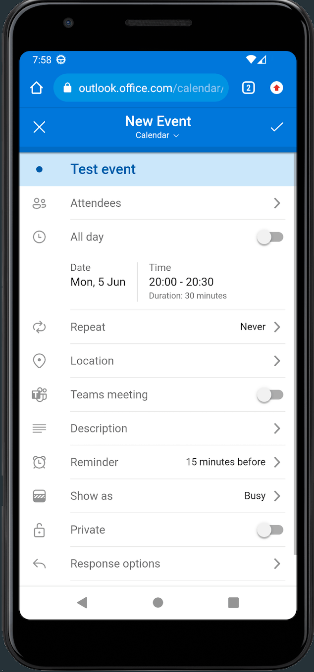 Creating outlook calendar event using web client calendar url in mobile ...