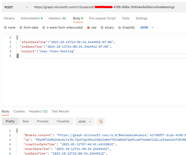 Creating Online Meeting with User Id returns No Application Access ...