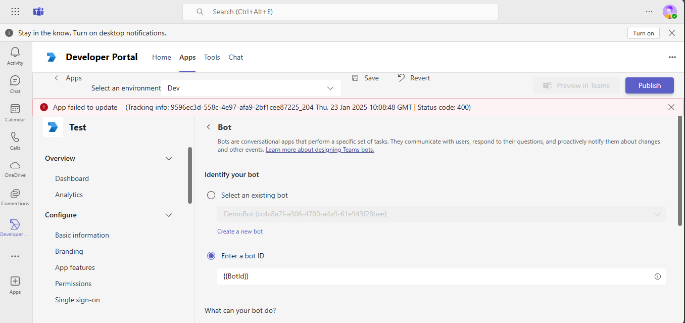Using Bot app feature per environment in Microsoft Teams Developer Portal - Microsoft Q&A