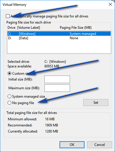 Paging file - what's the difference between "Automatically manage ...