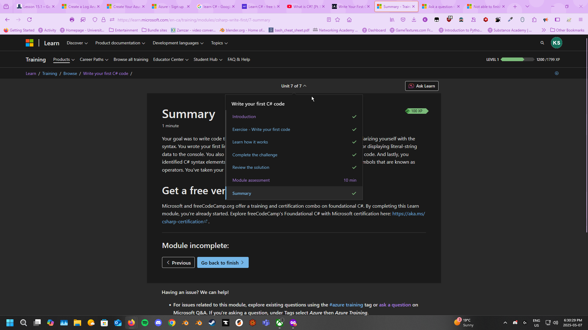 Unable to do module assessment of the Write Your First C# Code module ...