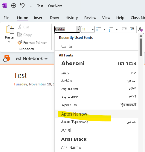 How to get OneNote to begin using Aptos Narrow font? - Microsoft Q&A