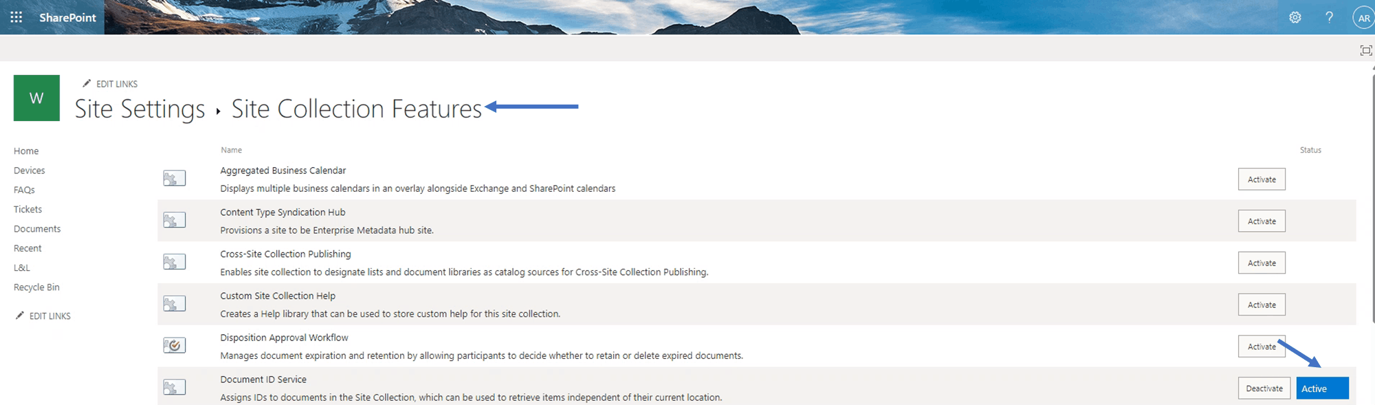 how to enable document ID feature services for the entire organization and all the team site ...
