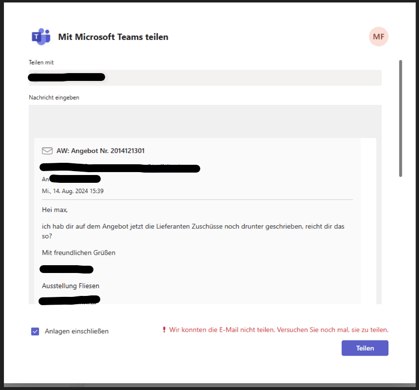E-Mail in Teams teilen nicht möglich - Microsoft Q&A