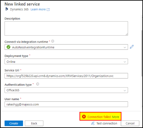 Error while creating linked service from Synapse to Dyanamics 365 - Microsoft Q&A