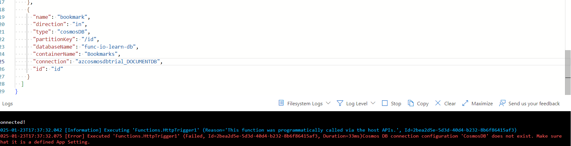 Cosmos DB connection configuration 'CosmosDB' does not exist. Make sure that it is a defined App ...