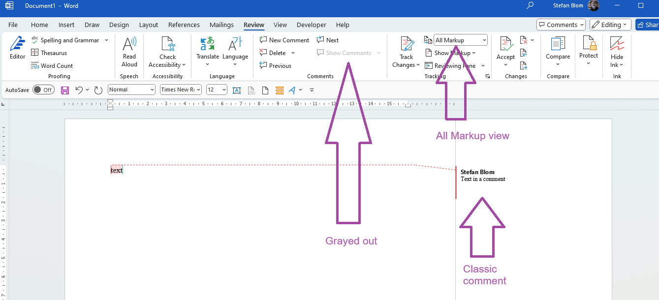 'show comments' greyed out in 'all markup'. - Microsoft Q&A